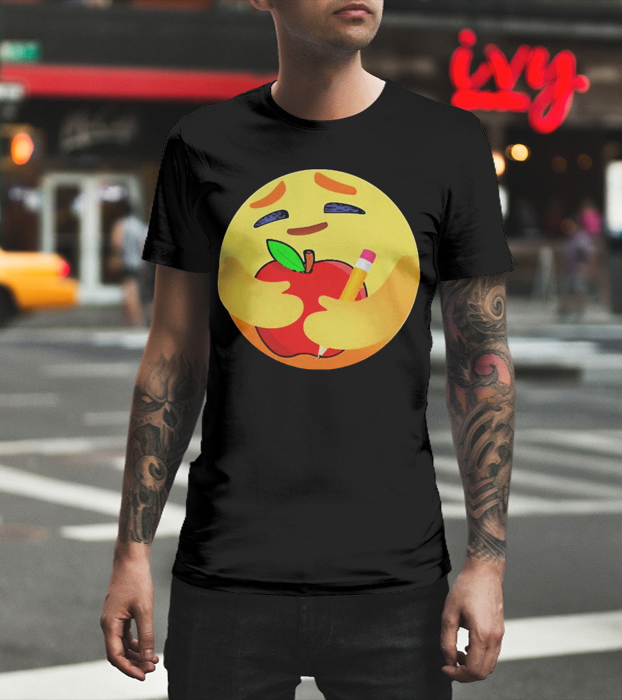 Teacher Care Emoji Hugging Apple And Pencil T-Shirt