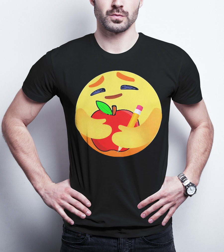 Teacher Care Emoji Hugging Apple And Pencil T-Shirt