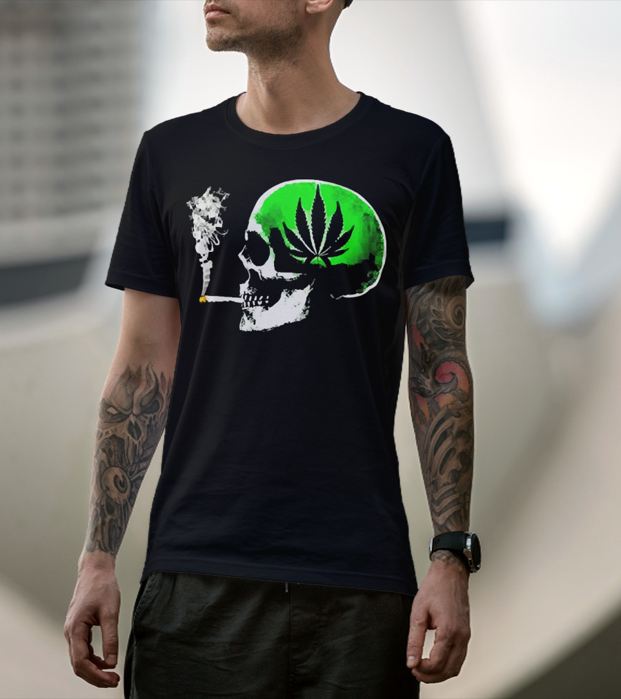 Weed Leaves Skull Smoking Joint Green Marijuana T-Shirt