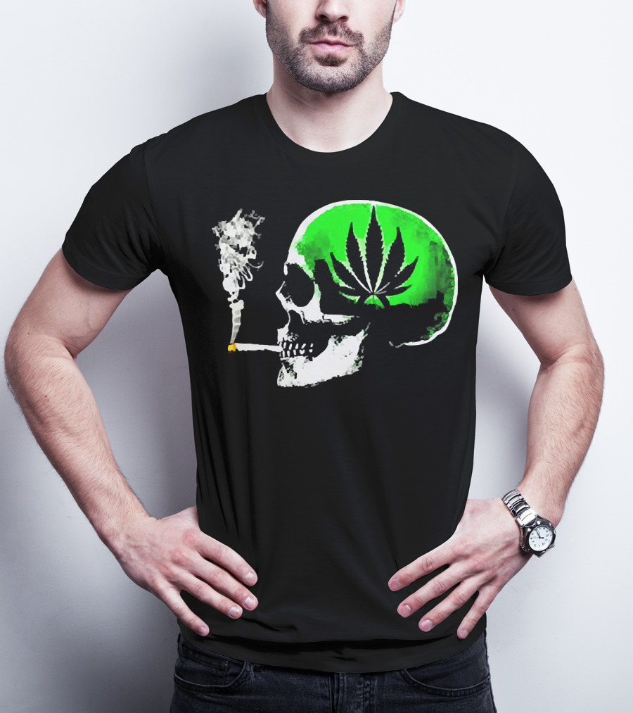 Weed Leaves Skull Smoking Joint Green Marijuana T-Shirt