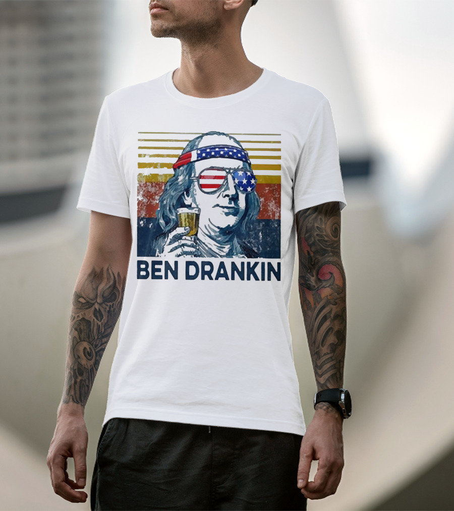 Ben Drankin Beer American Flag Sunglasses Patriotic Benjamin Franklin T-Shirt