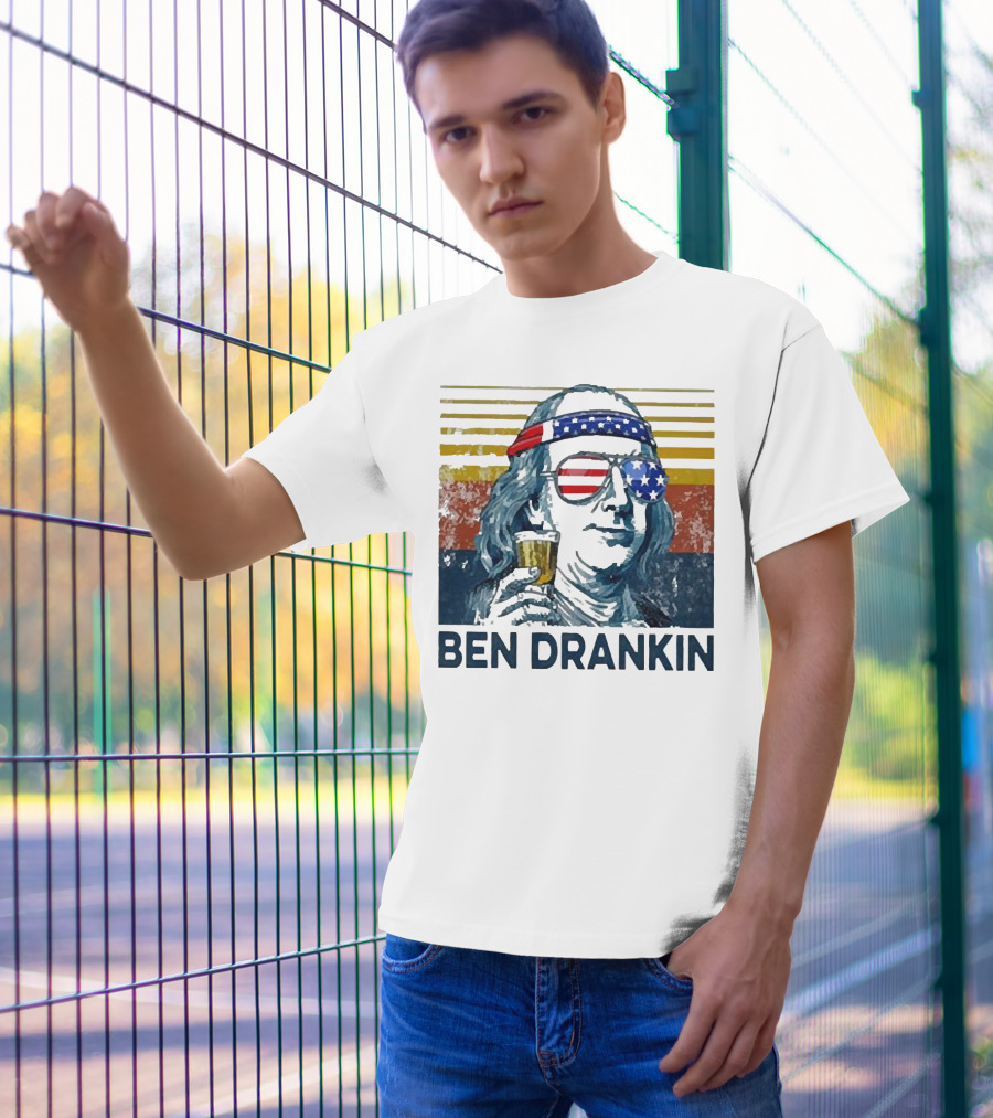 Ben Drankin Beer American Flag Sunglasses Patriotic Benjamin Franklin T-Shirt