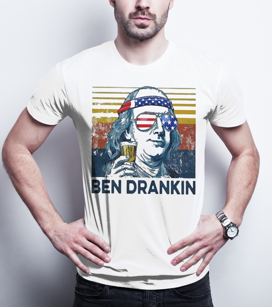 Ben Drankin Beer American Flag Sunglasses Patriotic Benjamin Franklin T-Shirt