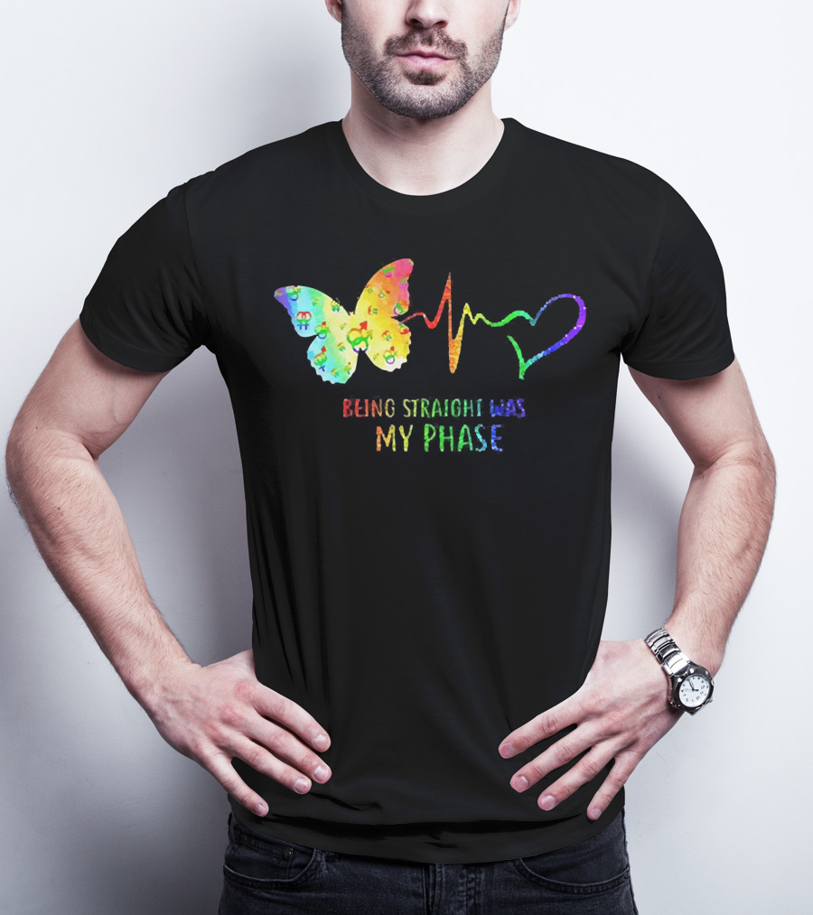 Being Straight Was My Phase Heartbeat Butterfly Rainbow T-Shirt