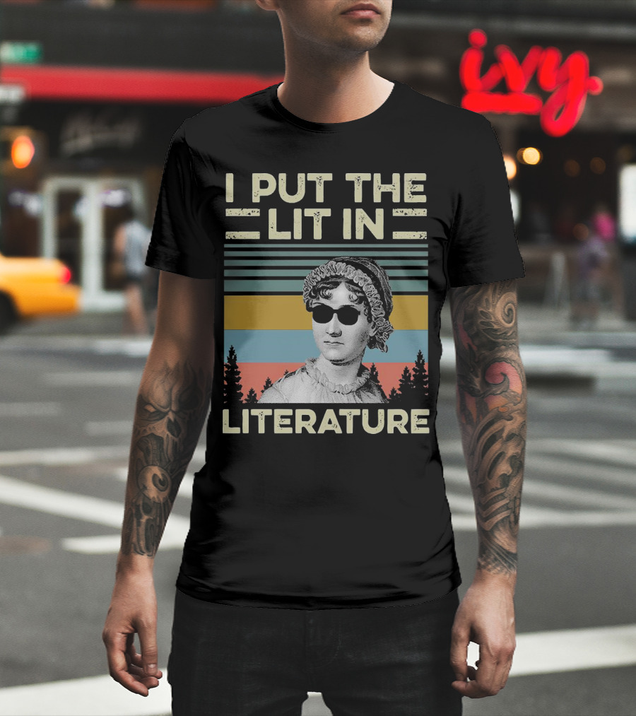 I Put The Lit In Literature Jane Austen Vintage Sunglasses Retro Forest Stripes T-Shirt