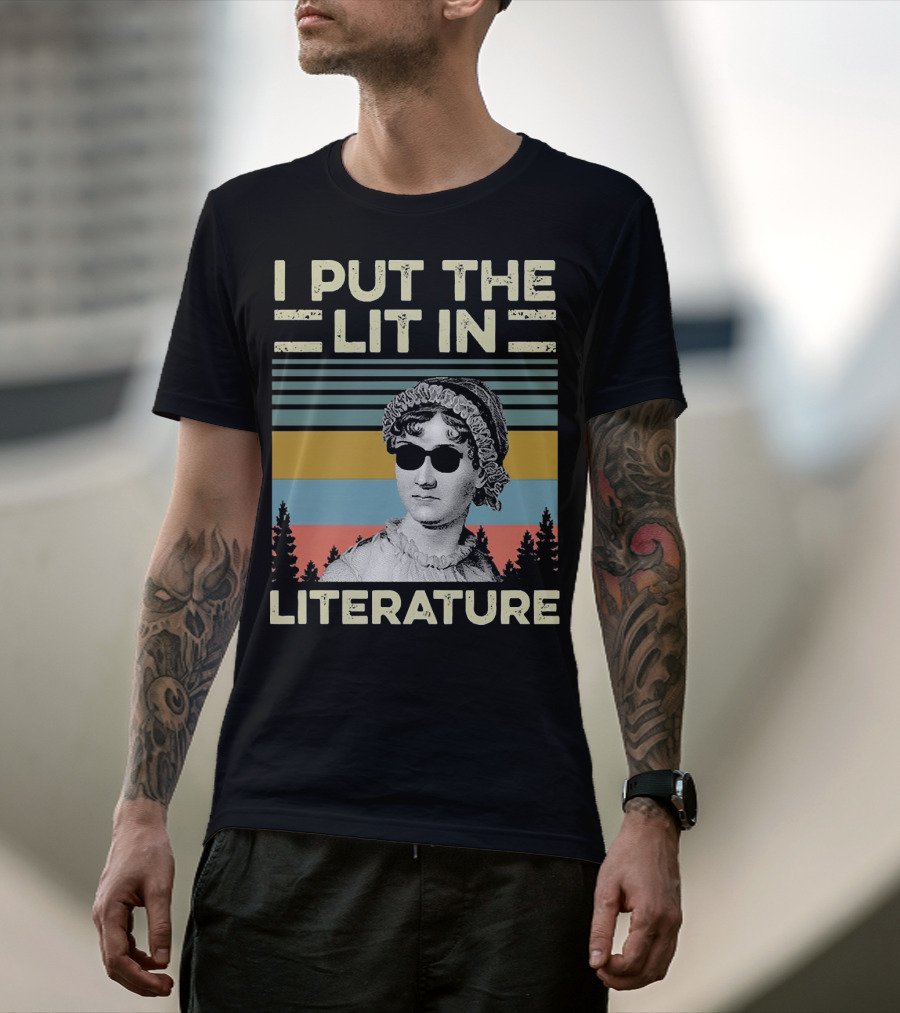 I Put The Lit In Literature Jane Austen Vintage Sunglasses Retro Forest Stripes T-Shirt