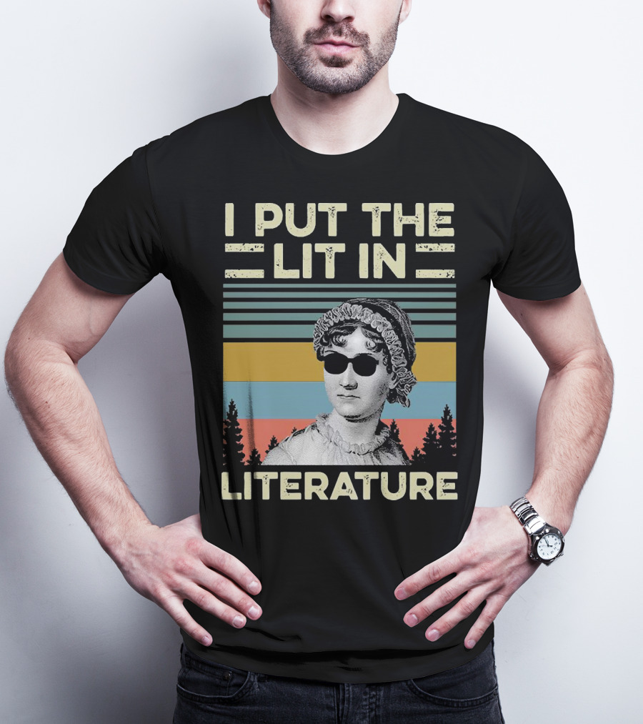 I Put The Lit In Literature Jane Austen Vintage Sunglasses Retro Forest Stripes T-Shirt