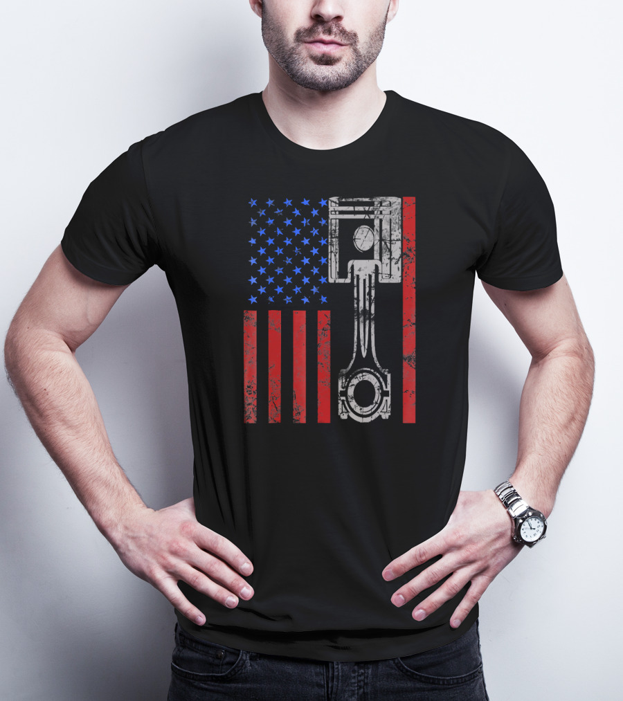 American Flag Muscle Car Piston Patriotic T-Shirt