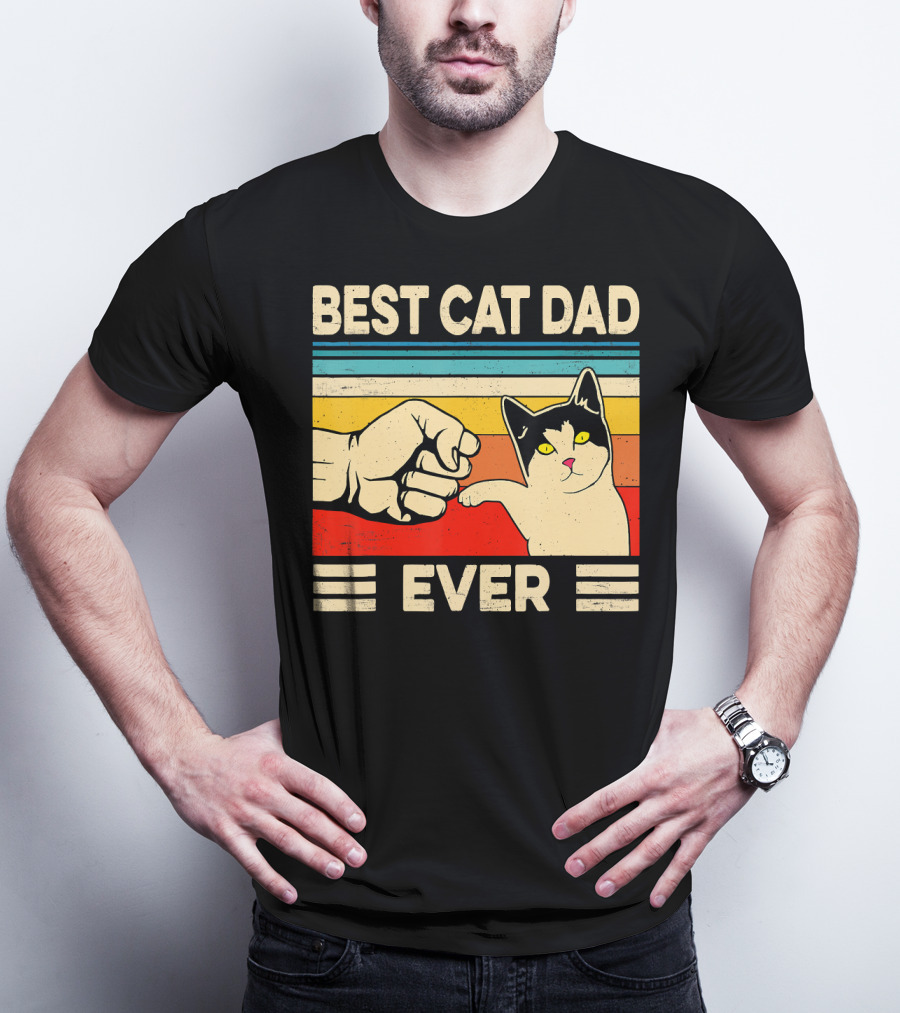 Best Cat Dad Ever Fist Bump Retro Cat T-Shirt