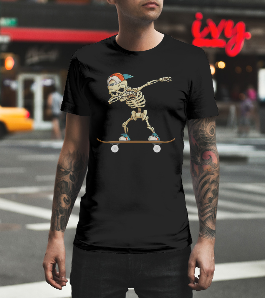 Dabbing Skeleton Skater Cool Skateboard Trick T-Shirt