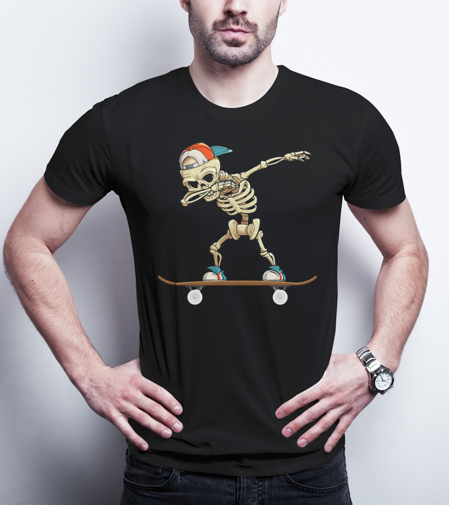 Dabbing Skeleton Skater Cool Skateboard Trick T-Shirt