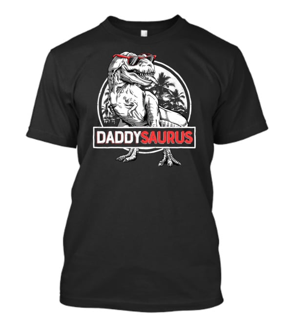 Daddysaurus Rex Daddy Saurus Dinosaur With Sunglasses And Palm Trees T-Shirt