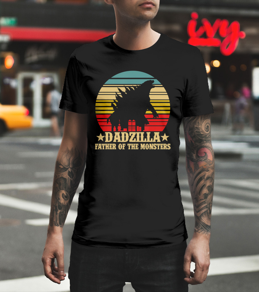 Dadzilla Father Of The Monsters Dinosaur Retro Sunset Monster T-Shirt