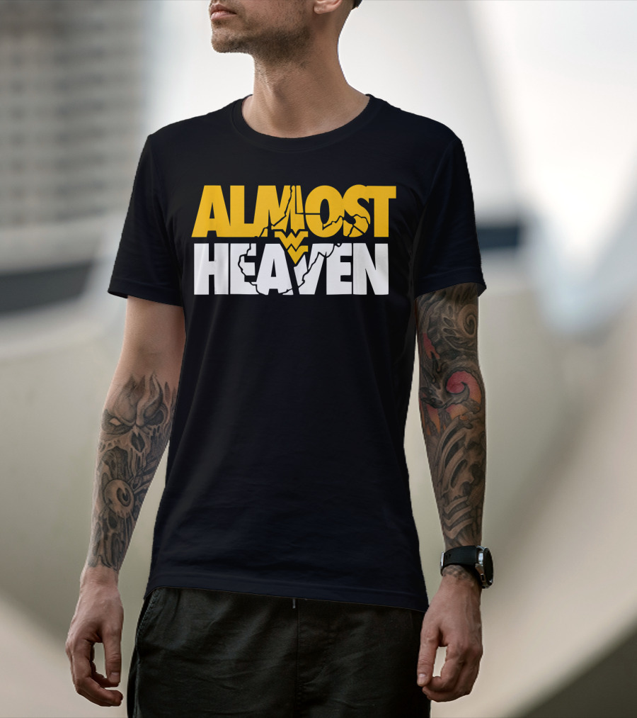 Almost Heaven West Virginia Bold Text With State Silhouette And Mountain Elements T-Shirt
