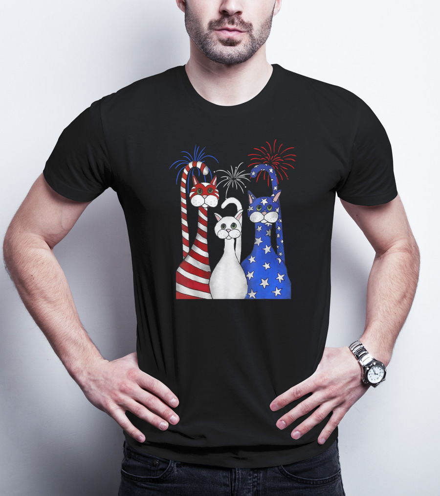 Patriotic Cats American Flag Paws USA Fireworks T-Shirt