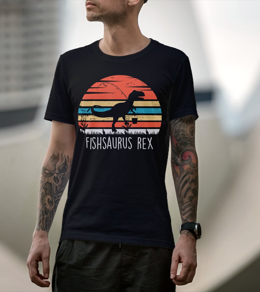 Fishsaurus Rex Dinosaur Vintage Fishing Sunset T-Shirt