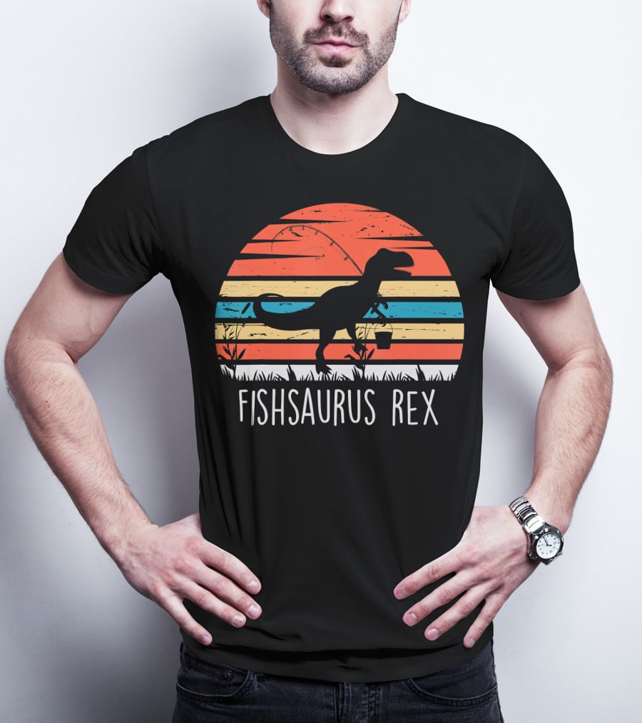Fishsaurus Rex Dinosaur Vintage Fishing Sunset T-Shirt