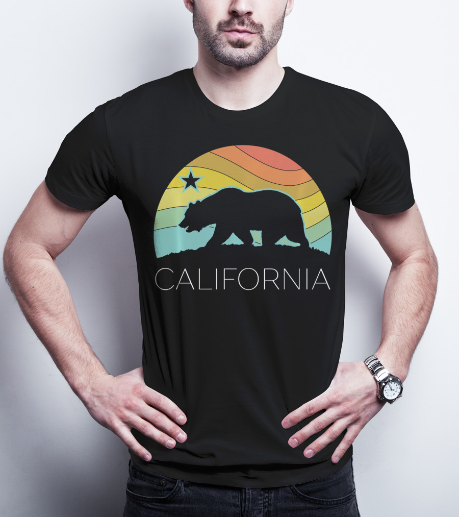 Retro California Bear Vintage Beach Cali Pride Surf 70s 80s Star Rainbow T-Shirt