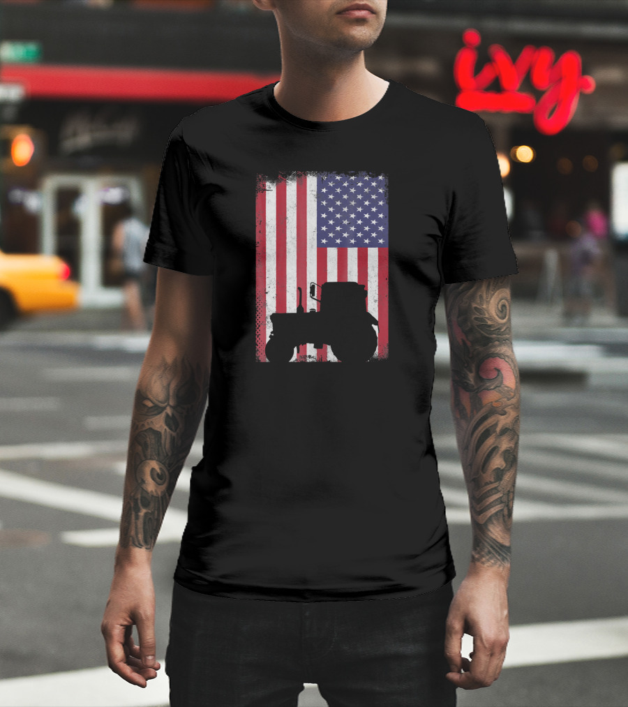 Patriotic American Flag With Vintage Tractor Farming T-Shirt