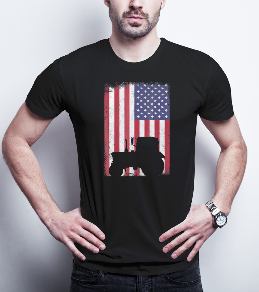 Patriotic American Flag With Vintage Tractor Farming T-Shirt