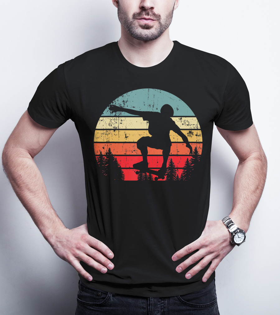 Trick Move Retro Vintage Skateboarder Silhouette Forest Sunset T-Shirt