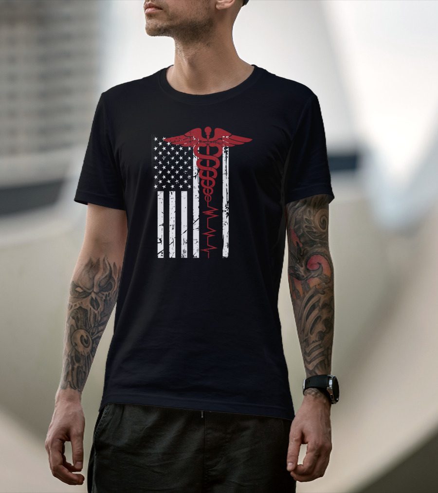 USA Flag Caduceus Medical Symbol Black Patriotic Nurse T-Shirt