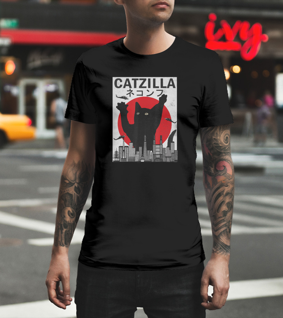 Catzilla Japanese Sunset Style Cat With Helicopter And Skyline Elements T-Shirt
