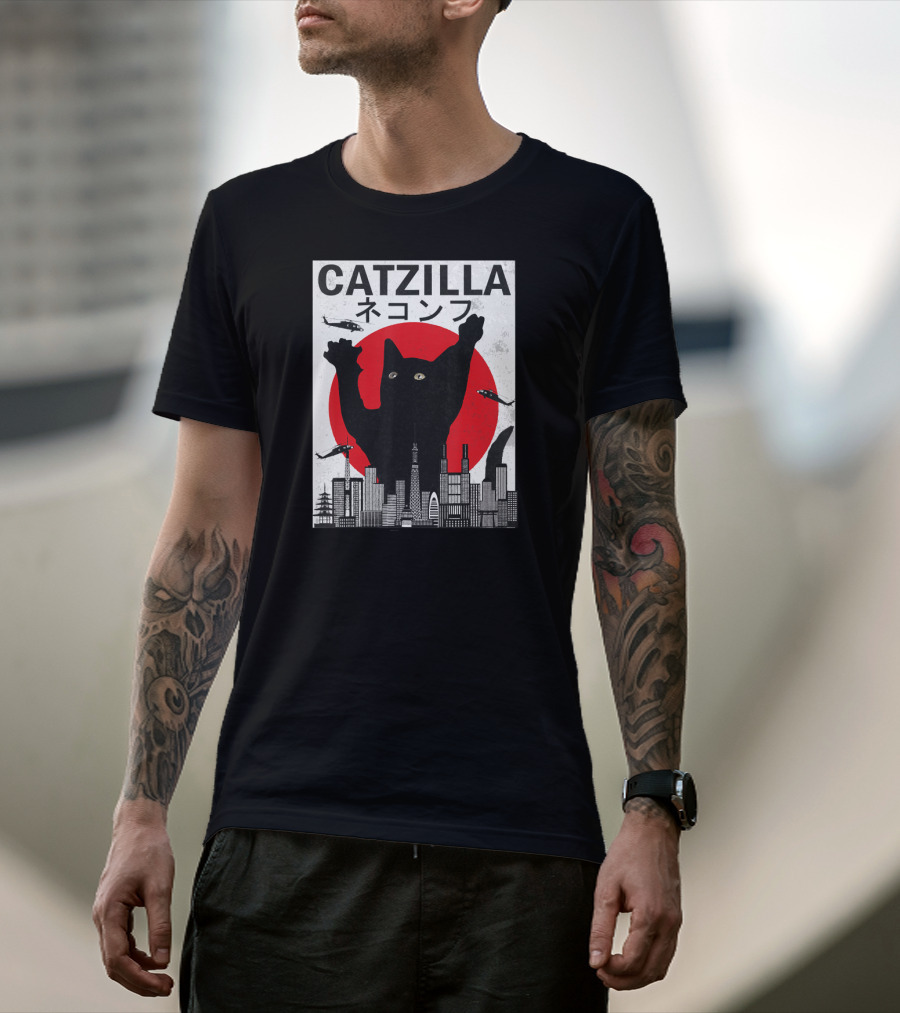 Catzilla Japanese Sunset Style Cat With Helicopter And Skyline Elements T-Shirt