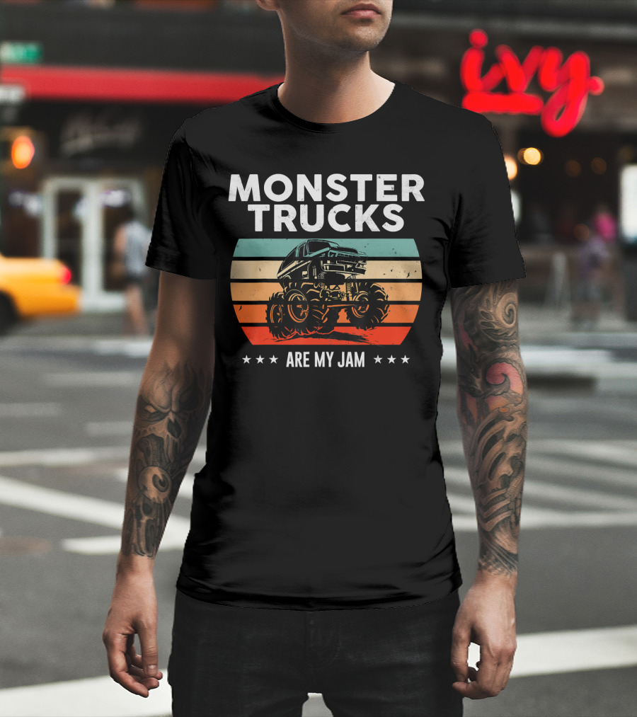 Monster Trucks Are My Jam Retro Sunset Vintage Cool Engines T-Shirt