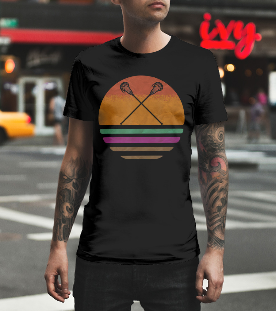 Vintage Retro Lacrosse Crossed Sticks Silhouette Sun T-Shirt
