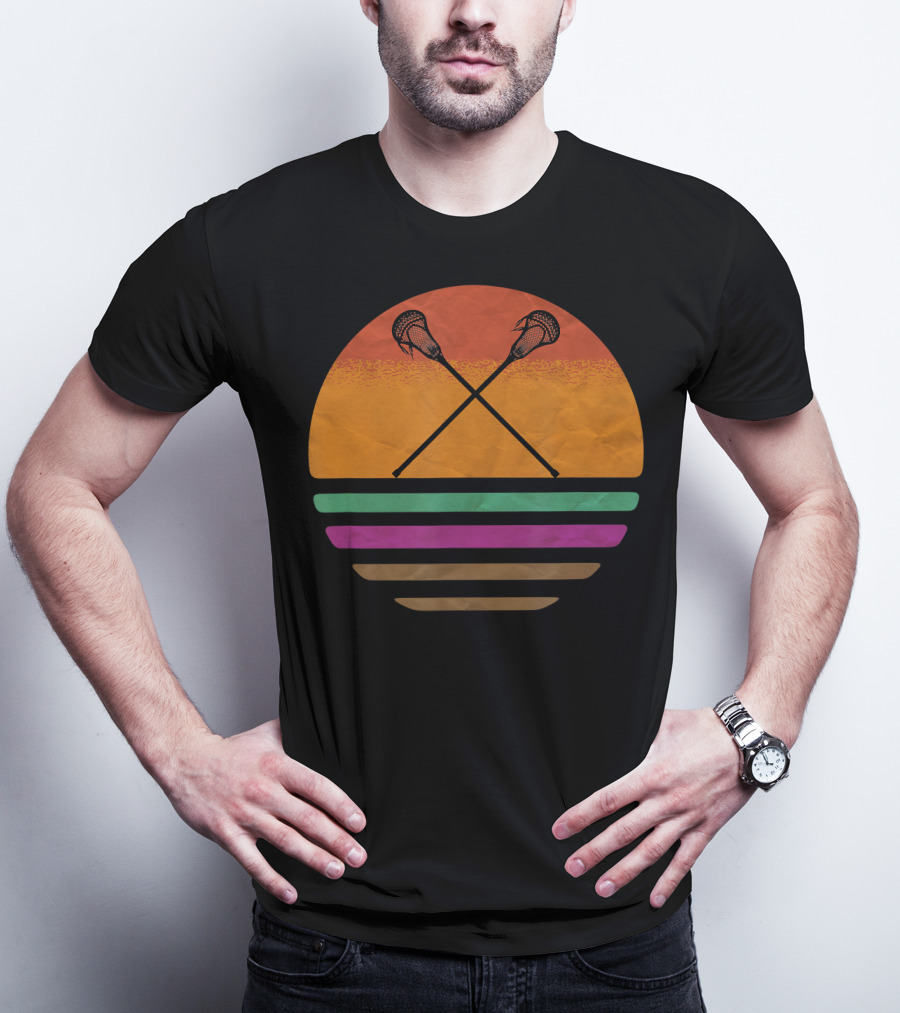 Vintage Retro Lacrosse Crossed Sticks Silhouette Sun T-Shirt