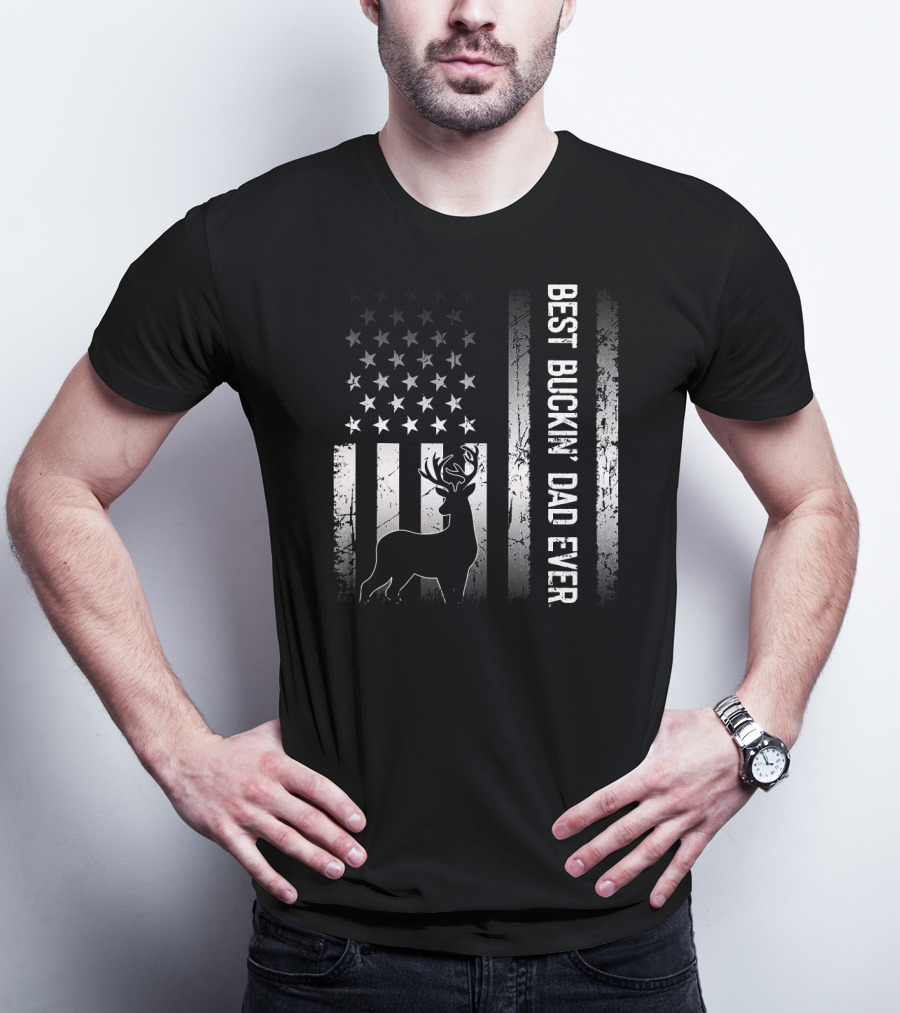 Best Buckin' Dad Ever Deer American Flag Stars Stripes T-Shirt