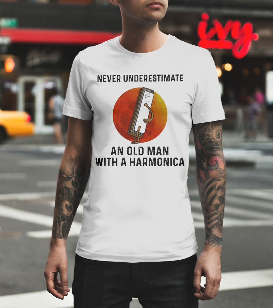 Never Underestimate An Old Man With A Harmonica Sunset Background T-Shirt