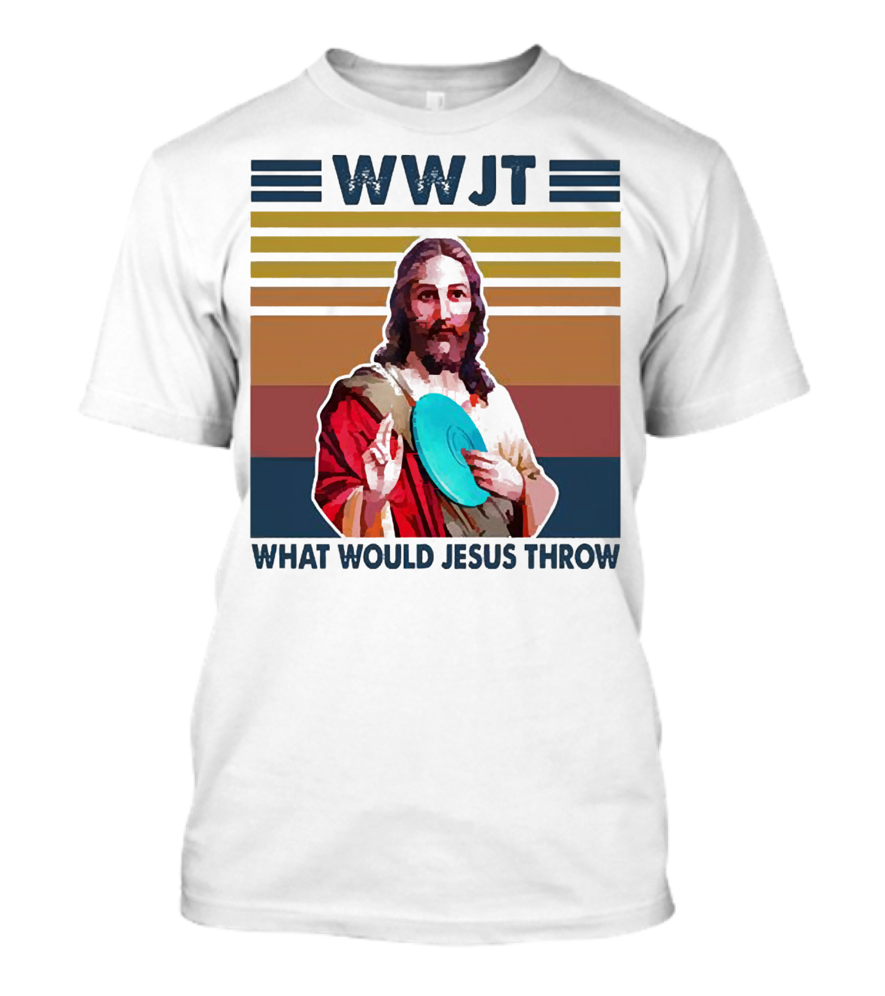 WWJT What Would Jesus Throw Disc Golf Frisbee Retro Stripes T-Shirt