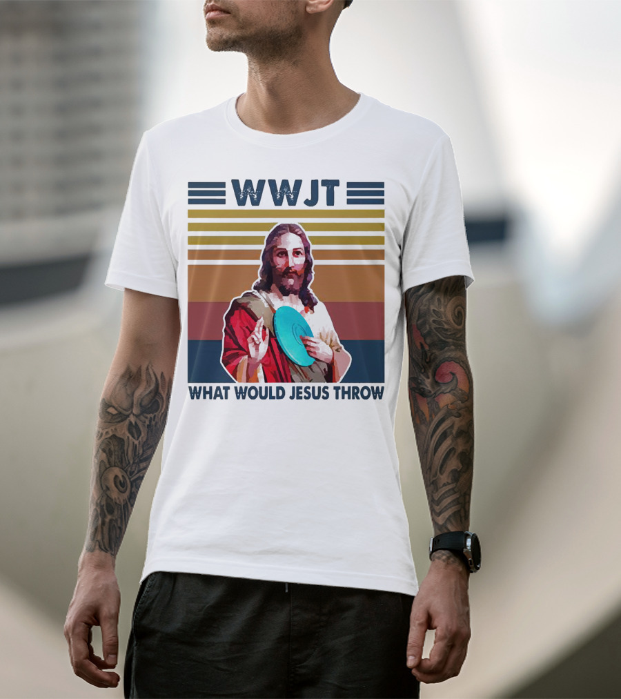 WWJT What Would Jesus Throw Disc Golf Frisbee Retro Stripes T-Shirt
