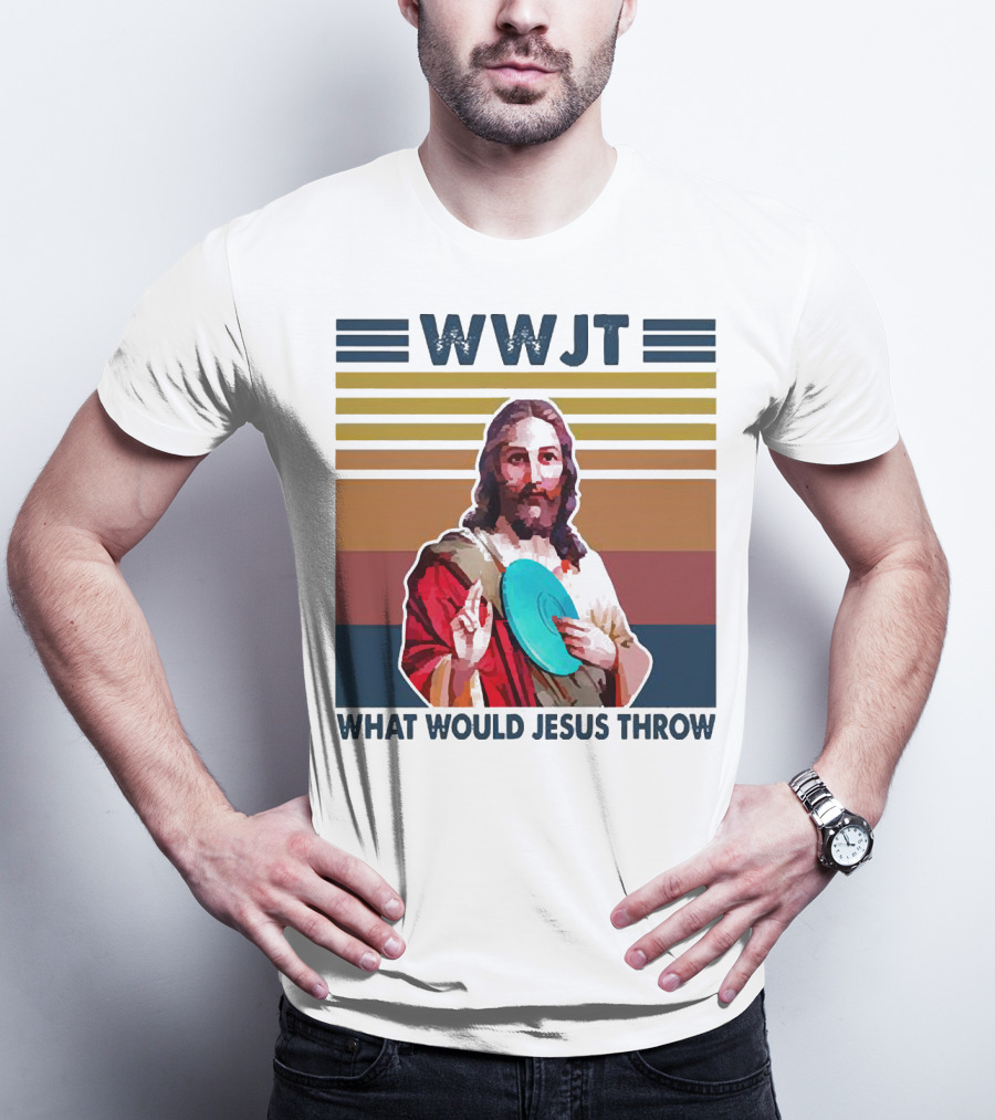 WWJT What Would Jesus Throw Disc Golf Frisbee Retro Stripes T-Shirt
