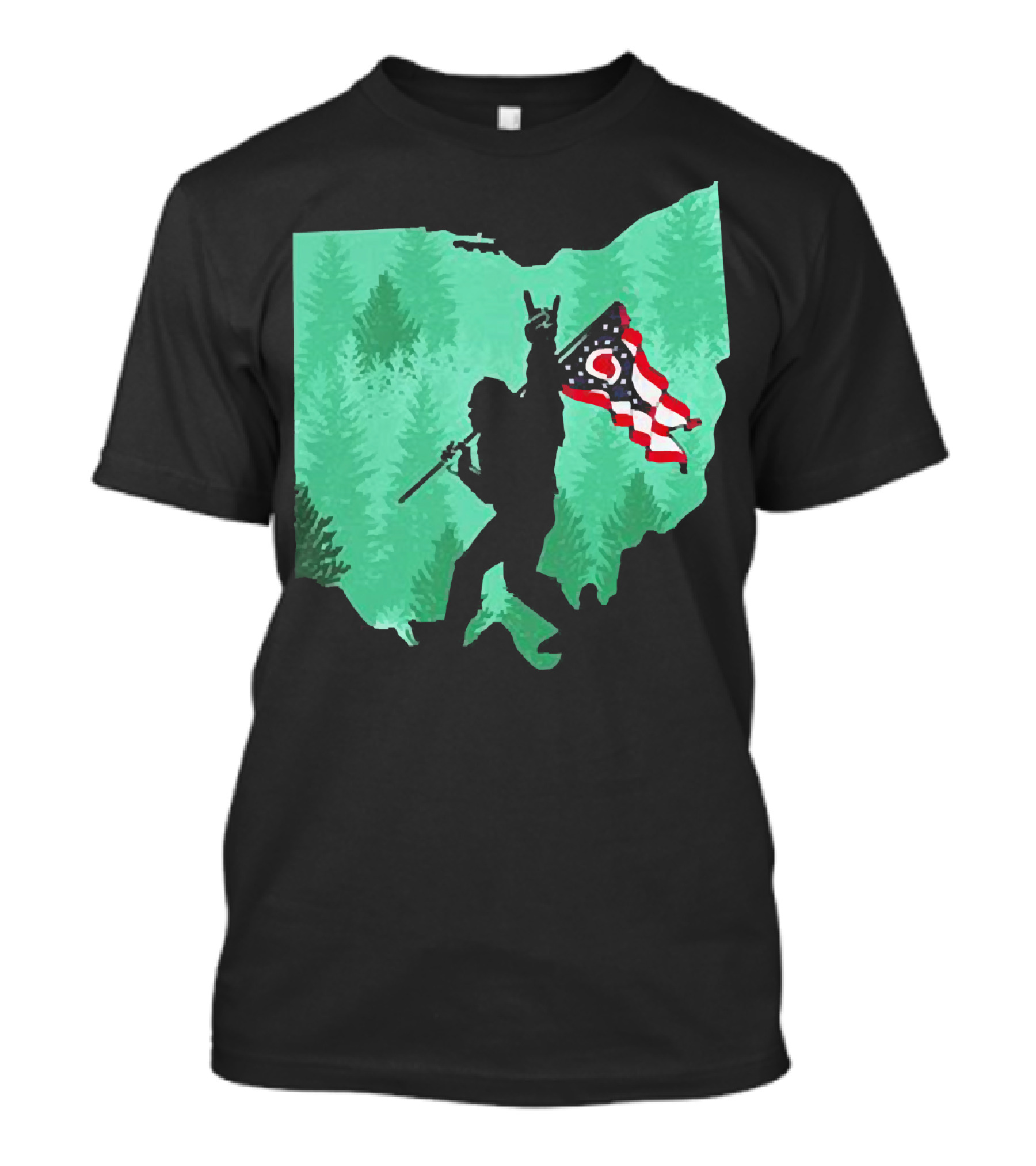 Bigfoot Rock And Roll Ohio State Silhouette With Flag Forest Background T-Shirt