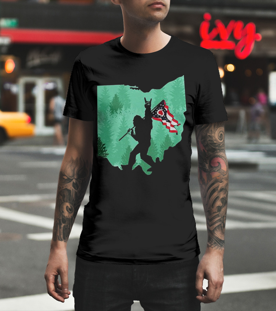 Bigfoot Rock And Roll Ohio State Silhouette With Flag Forest Background T-Shirt