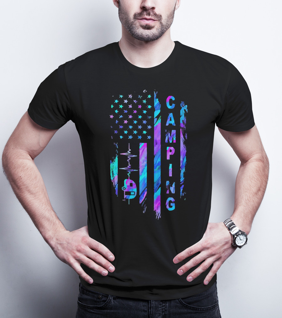 Camping American Flag Heartbeat Camper T-Shirt