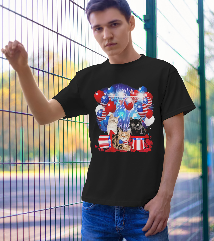 Cats Fireworks Balloons America Flag Happy Independence Day T-Shirt