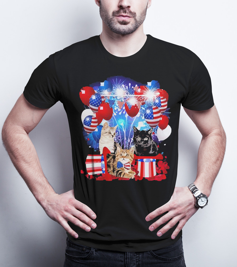 Cats Fireworks Balloons America Flag Happy Independence Day T-Shirt