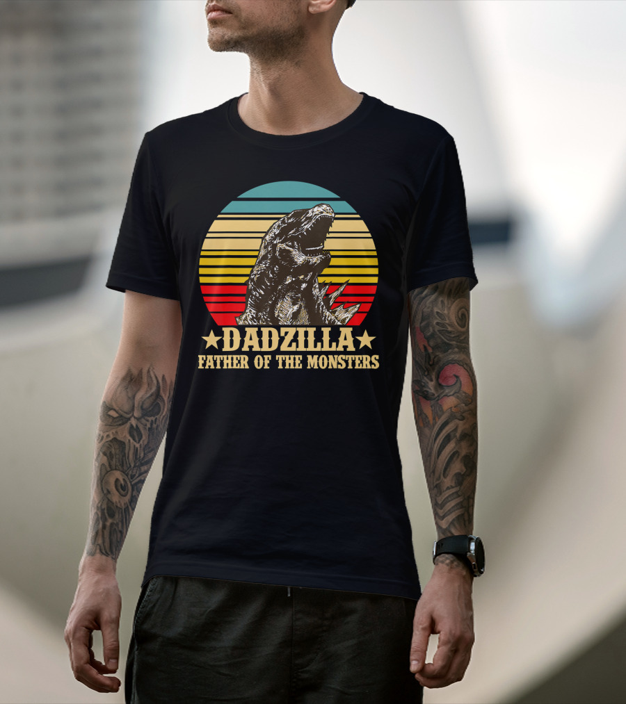 Dadzilla Father Of The Monsters Dinosaur Retro Sunset Stripe T-Shirt
