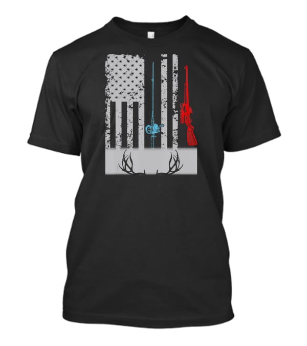 American Flag Fishing Rod Rifle Antlers T-Shirt