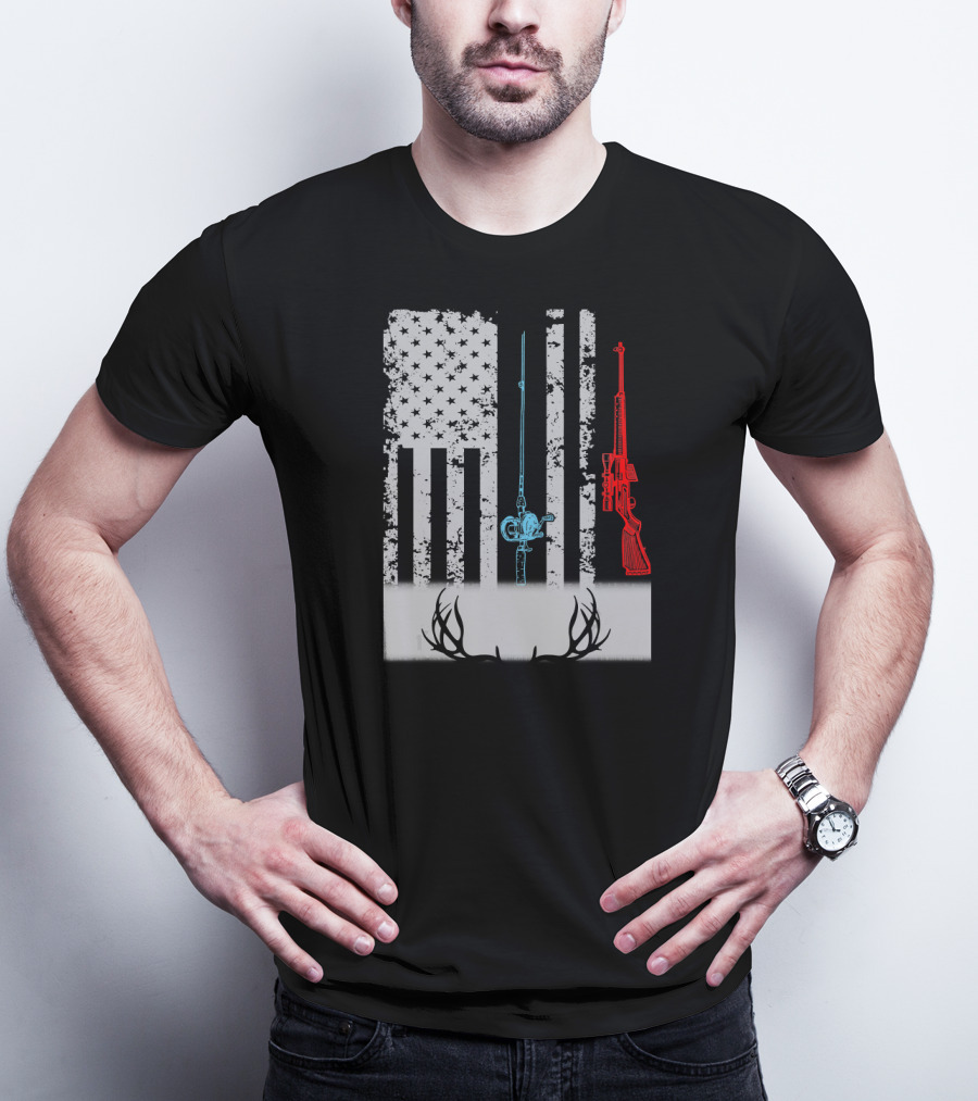 American Flag Fishing Rod Rifle Antlers T-Shirt