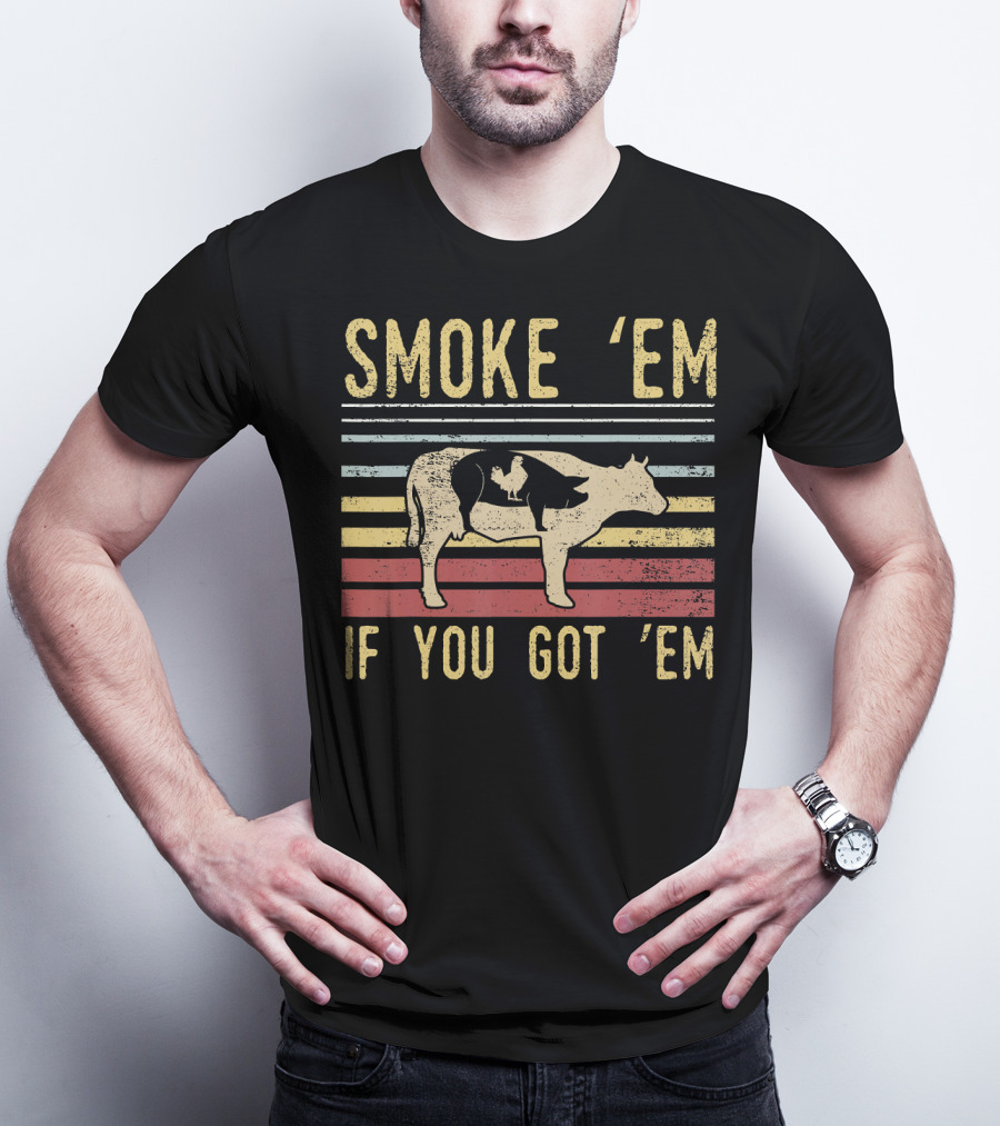 Retro BBQ Smoke 'Em If You Got 'Em Grilling Cow And Pig Silhouette Vintage Stripes T-Shirt