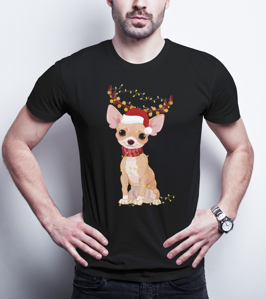 Chihuahua With Santa Hat Reindeer Antlers Christmas Lights Noel T-Shirt