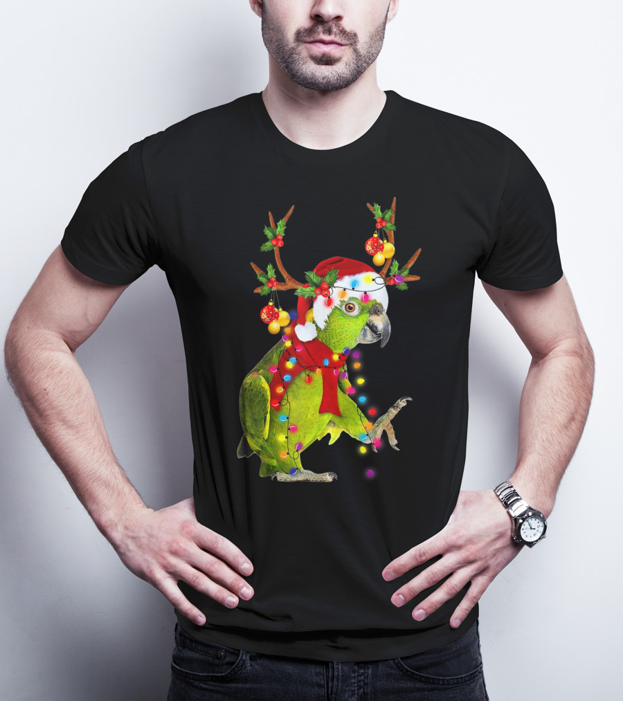 Cockatoo Parrot Reindeer Antlers Christmas Lights Santa Hat T-Shirt