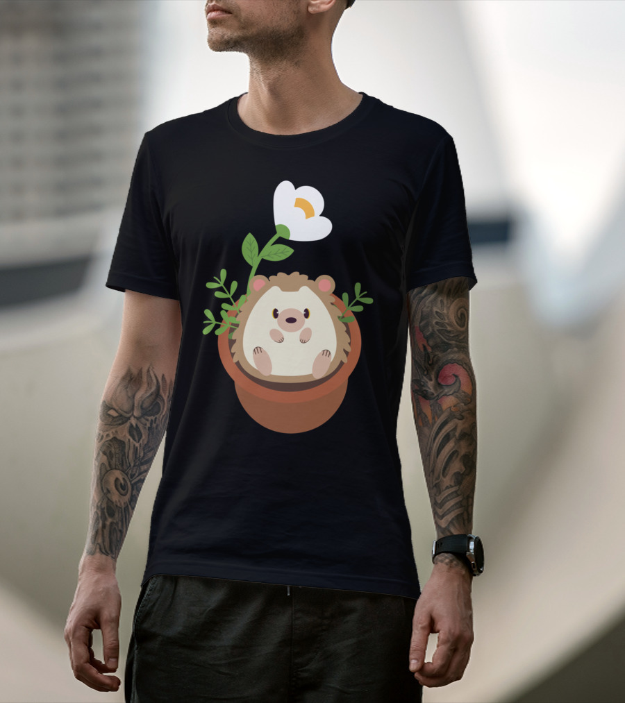 Cute Hedgehog Sitting In Flowering Plant Pot T-Shirt