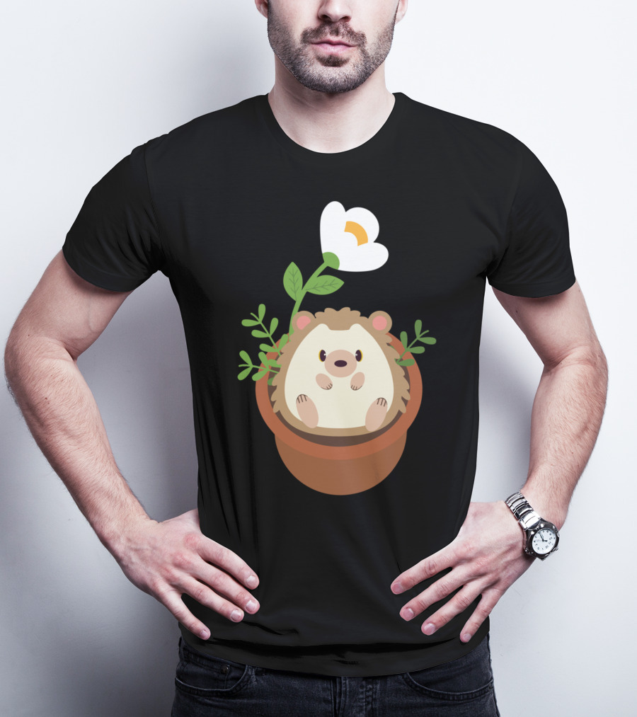Cute Hedgehog Sitting In Flowering Plant Pot T-Shirt