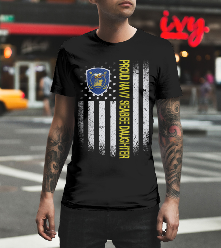 Proud Navy Seabee Daughter Black And White American Flag With Seabee Emblem T-Shirt